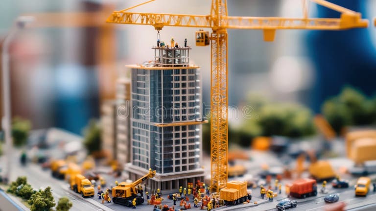 Construction Workers Operate Crane on Miniature Building Site Model ...