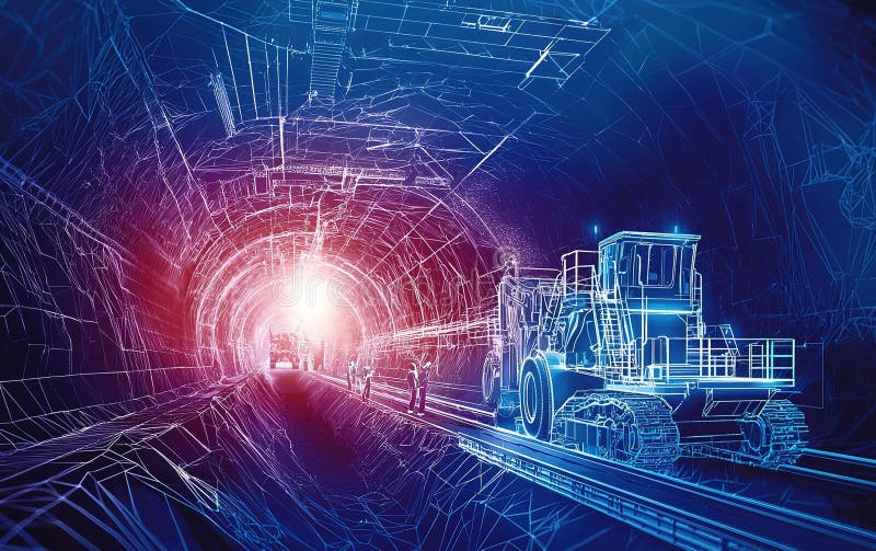 Construction Workers Operate Heavy Machinery in a Futuristic Tunnel ...