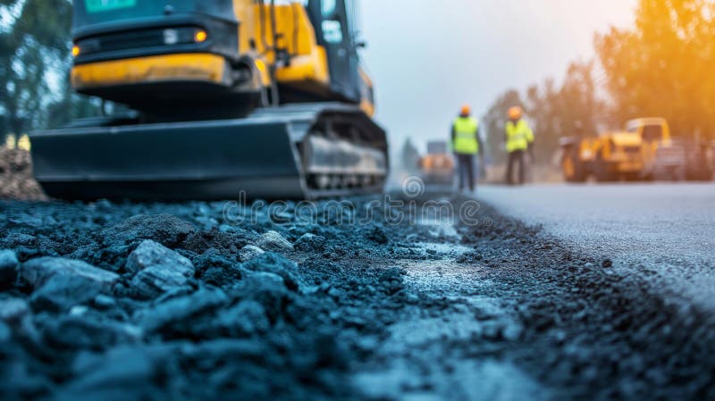 Construction Workers Operate Heavy Machinery at a Road Construction ...