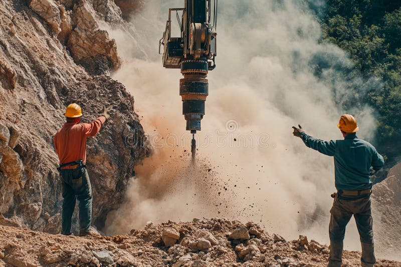 Construction Workers Operate Heavy Machinery To Extract Materials in a ...