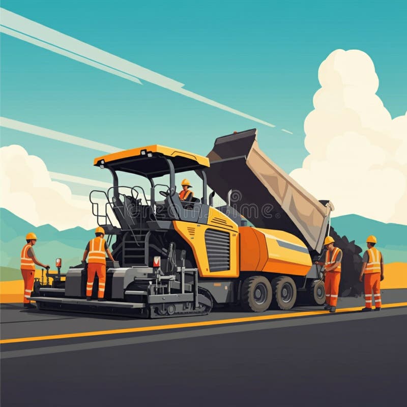 Construction Workers Operate a Large Asphalt Paver Machine on a Road ...