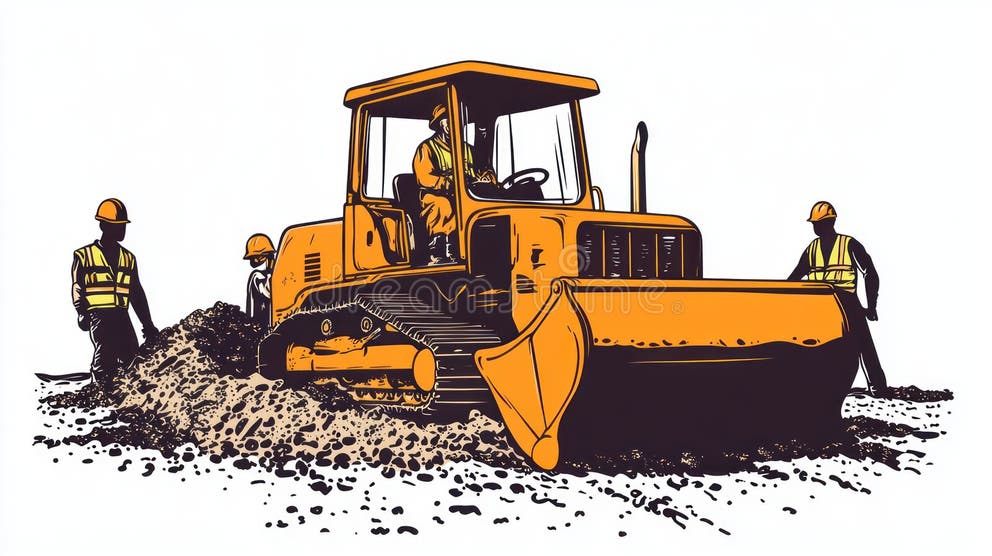 Construction Workers Operating Bulldozer Illustration Stock Image ...