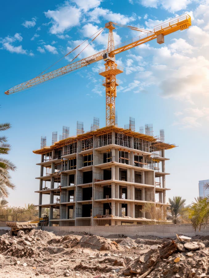 Construction Workers Operating Cranes and Building Progress Teamwork in ...