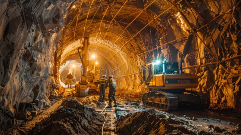 Construction Workers Building a Tunnel with Excavators Underground at ...
