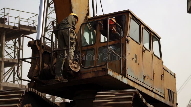 Construction Workers Operating Heavy Machinery at Industrial Site Stock ...