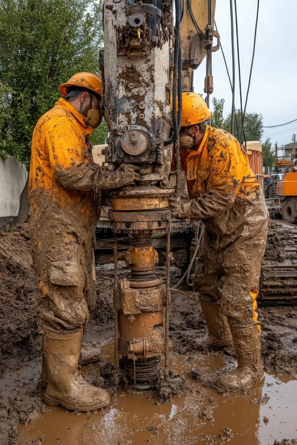 Construction Workers Operating Heavy Machinery in Muddy Outdoor Site ...