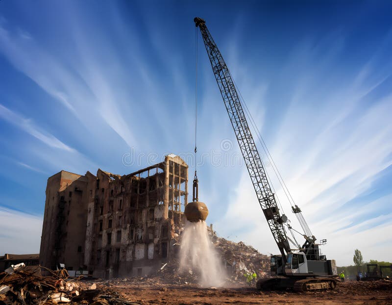 Construction Workers Oversee the Demolition of a Building with a Crane ...