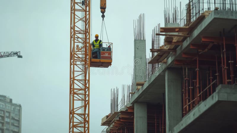 Construction Workers Oversee Tower Crane Operations at Building Site ...