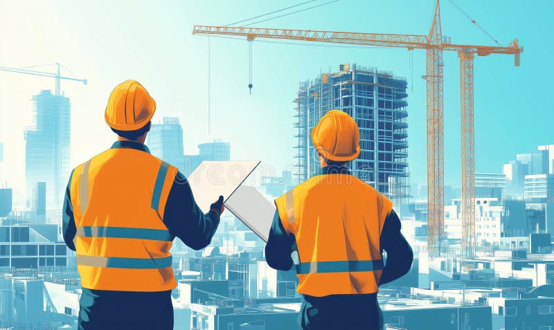 Construction Workers Overseeing Building Site with Crane and ...