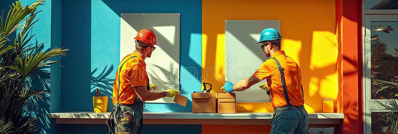 Two Construction Workers Working on a Building with Bright Colored ...