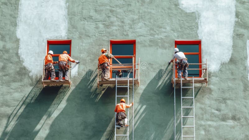 Construction Workers Painting a Building Facade Stock Illustration ...
