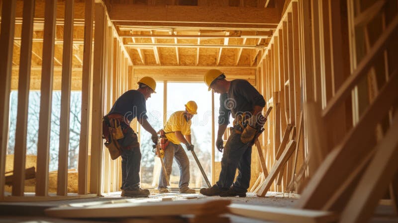 Construction Workers in a Partially Built House Framing Stock ...