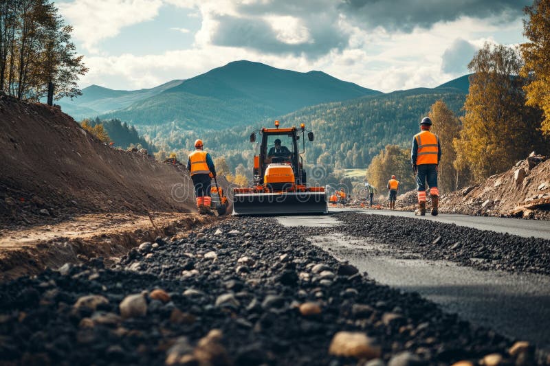 Construction Workers are Paving a New Road in a Beautiful Mountainous ...