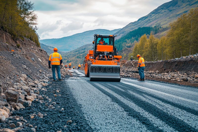 Construction Workers Paving a New Road in the Mountains. Heavy ...