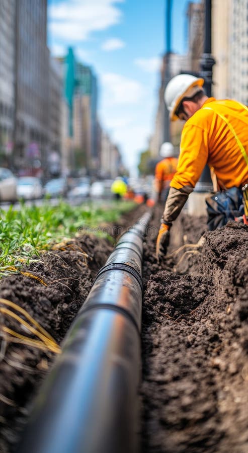 Construction Workers Place Underground Pipes for Utility Infrastructure ...