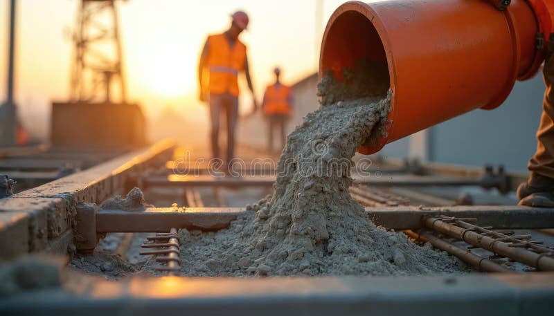 Construction Workers Pour Concrete for New Bridge. Civil Engineering, Roadwork, Heavy Machinery ...