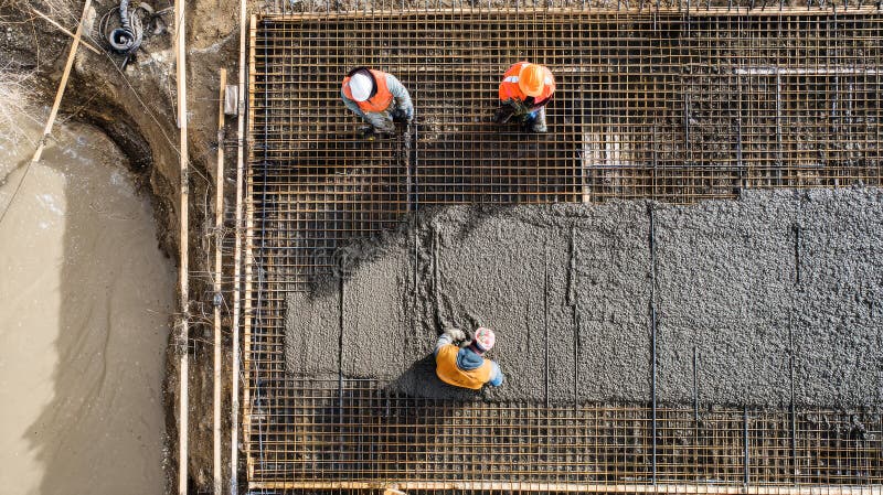 Construction Workers Pour Concrete on Reinforced Pad for Earthen ...