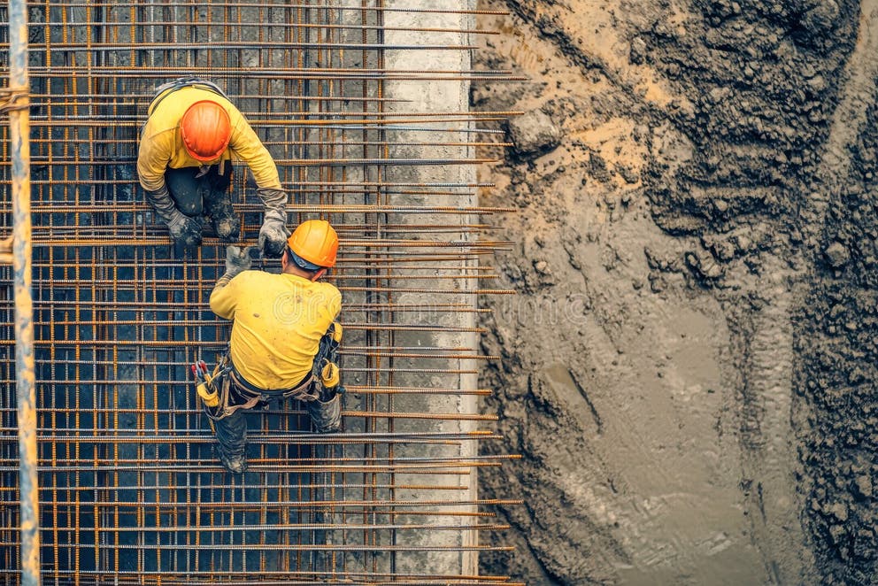 Construction Workers Pour Concrete and Shape Rebar for a Durable Foundation at a Vibrant ...