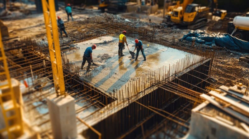 Construction Workers Pouring Concrete on a Building Site for Structural ...