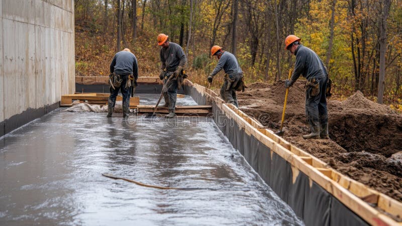 Construction Workers Pouring Concrete Foundation during Fall Season ...