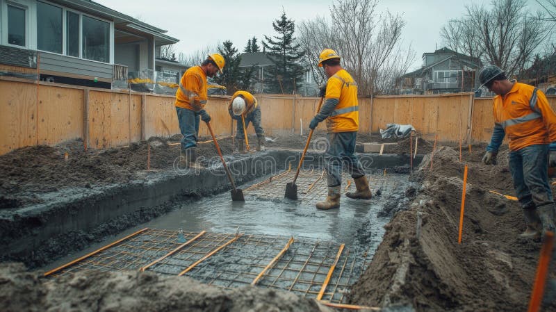 Construction Workers Pouring Concrete into Foundation for New Home ...