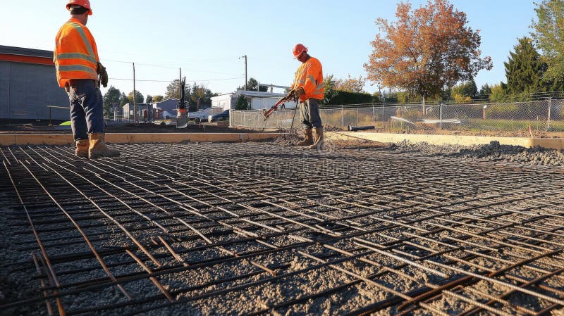 Construction Workers Pouring Concrete Over Steel Rebar Grid Stock ...