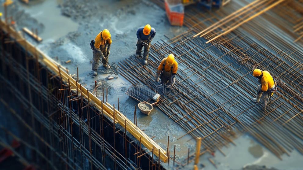 Construction Workers Pouring Concrete on a Rebar Grid Stock ...