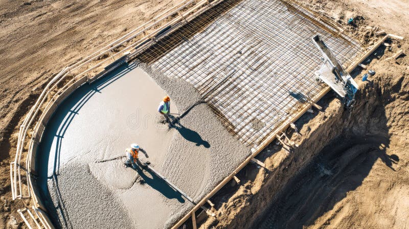 Construction Workers Pouring Concrete on Reinforced Pad for Earthen ...