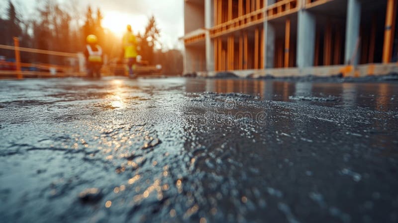 Construction Workers Pouring Concrete at Sunset on a Building Site, Showcasing the Early Stages ...