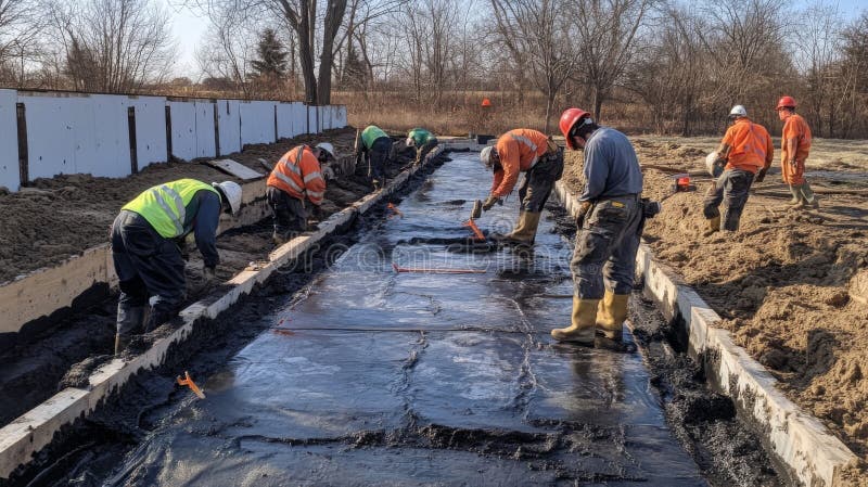 Construction Workers Pouring Liquid Concrete on a New Pathway Stock ...
