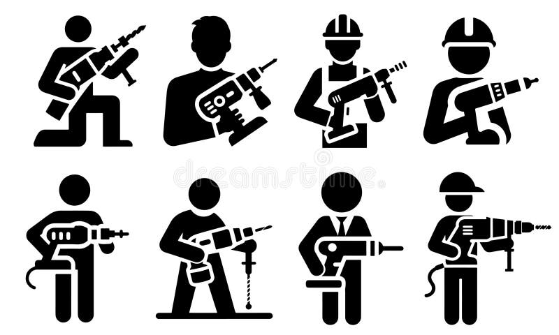 Construction Workers with Power Drills Icon Set Stock Vector ...