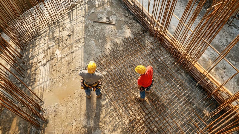 Construction Workers Preparing Concrete Floor in High Rise Building ...