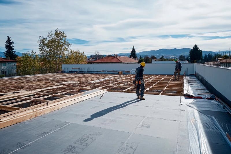 Construction Workers Preparing a Rooftop Structure Under a Clear Blue ...