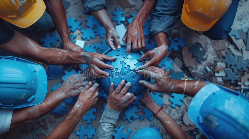 Construction Workers Putting Together a Hard Hat Made of Puzzle Pieces ...