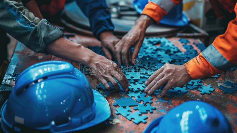 Construction Workers Putting Together a Puzzle AIG535 Stock Image ...