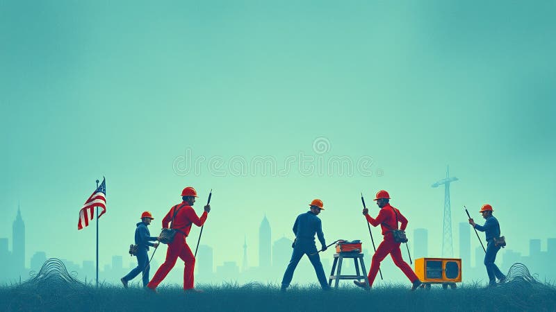 Construction Workers in Red and Blue Uniforms Work Against a Blue Sky ...