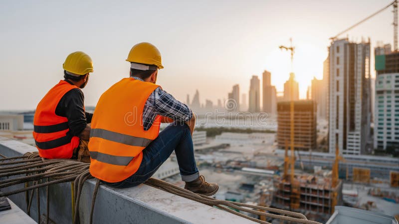 Construction Workers Relax on Industrial Building Rooftop at Sunset ...