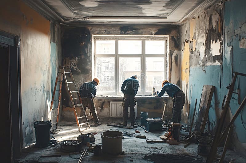 Construction Workers Renovating Building Making Progress on Interior ...