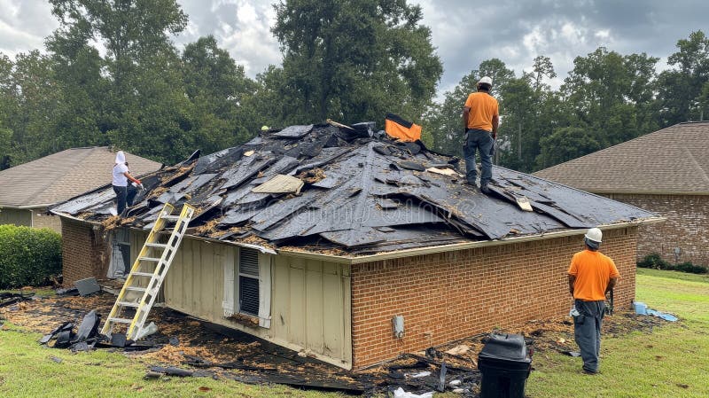 Construction Workers Repairing Damaged Roof after Storm, Home ...