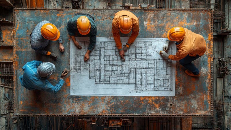 Construction Workers Reviewing Blueprints Together Stock Illustration ...