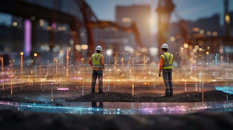 Construction Workers Reviewing Digital City Blueprint Stock ...