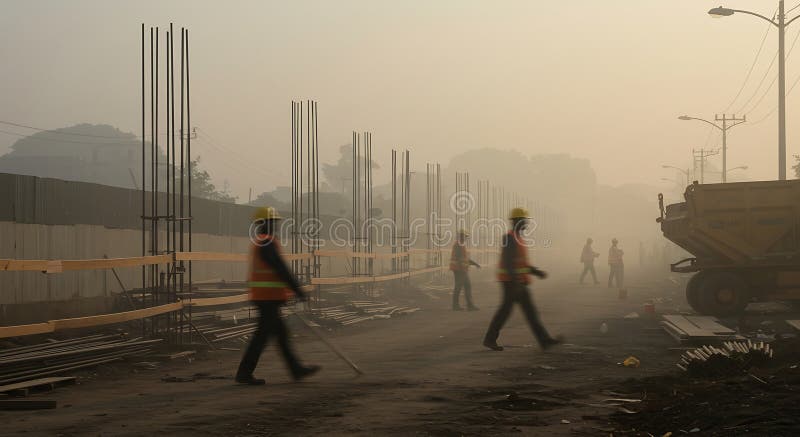 Construction Workers at Roadway Construction Site in Dusty Hazy ...