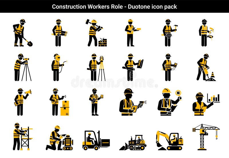 Construction Workers Role Duotone Icon Pack – Professional Labor, Safety and Industry Workforce ...