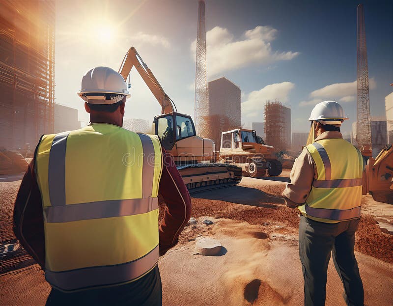 Construction Workers in Safety Gear at a Busy Site with Cranes and ...