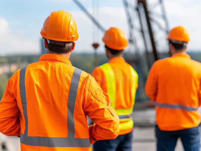 Construction Workers in Safety Gear Helmets Standing at Industrial Site ...