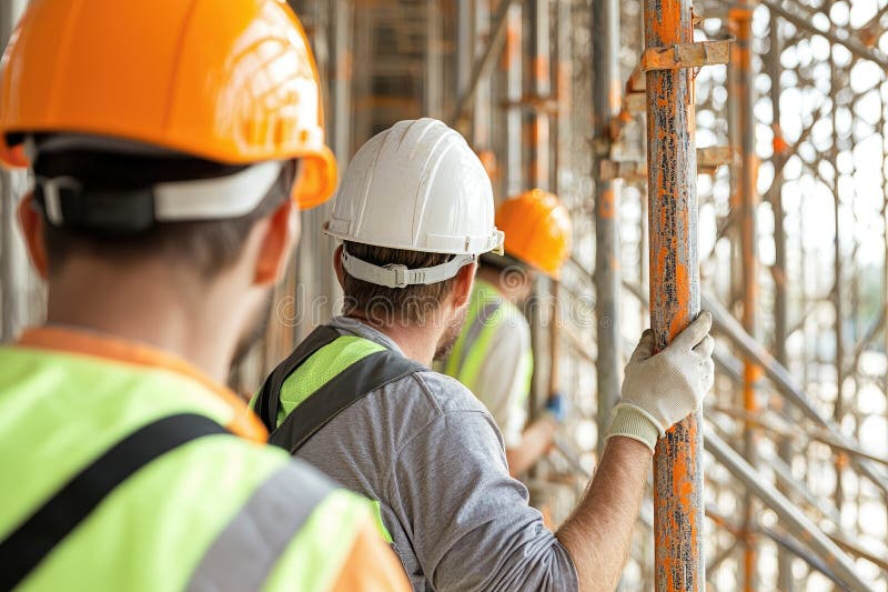 Construction Workers in Safety Gear Inspect Scaffolding at a Building ...