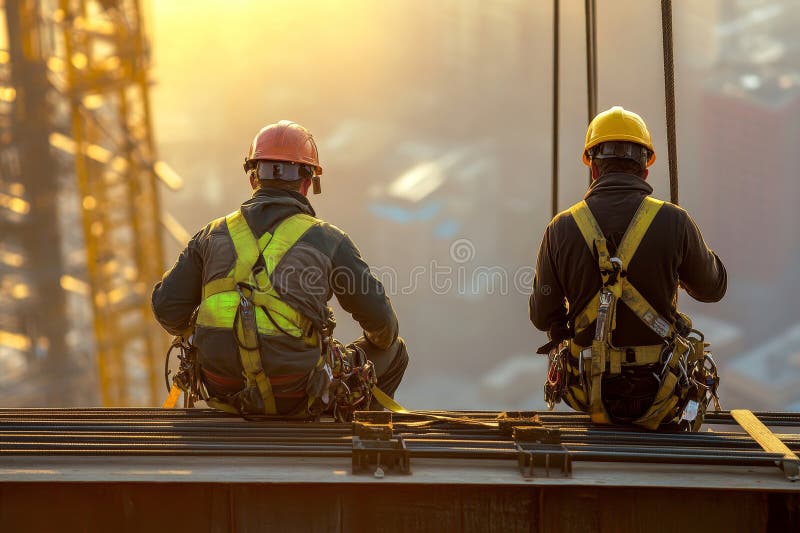 Construction Workers in Safety Gear Operating at Heights with Fall ...