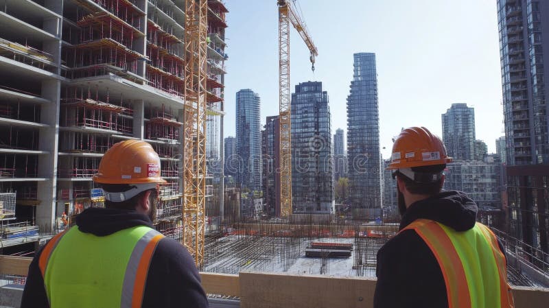 Construction Workers in Safety Gear Oversee Tower Crane Operations at a ...
