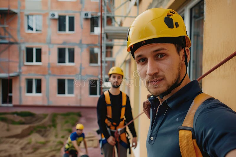 Construction Workers with Safety Gear Performing Building Maintenance ...