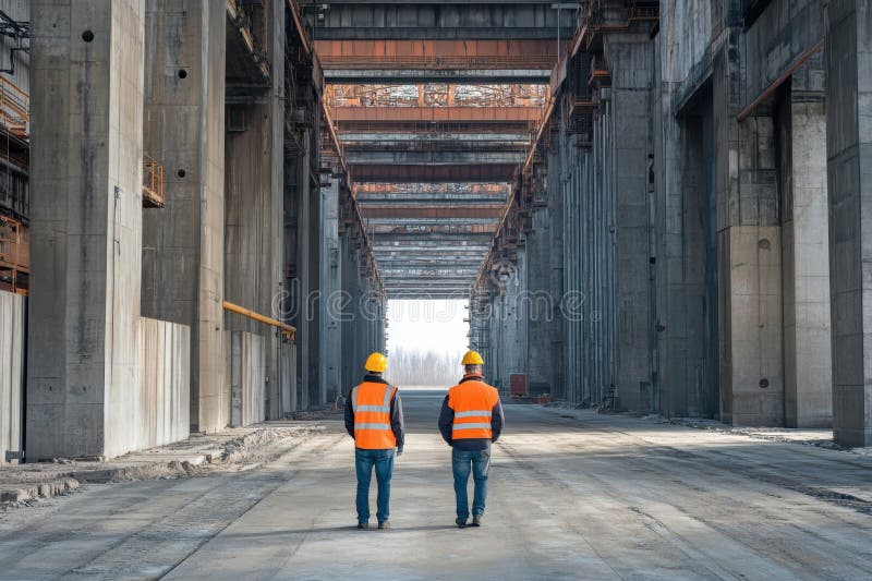 Construction Workers in Safety Gear Walk through a Large Unfinished ...
